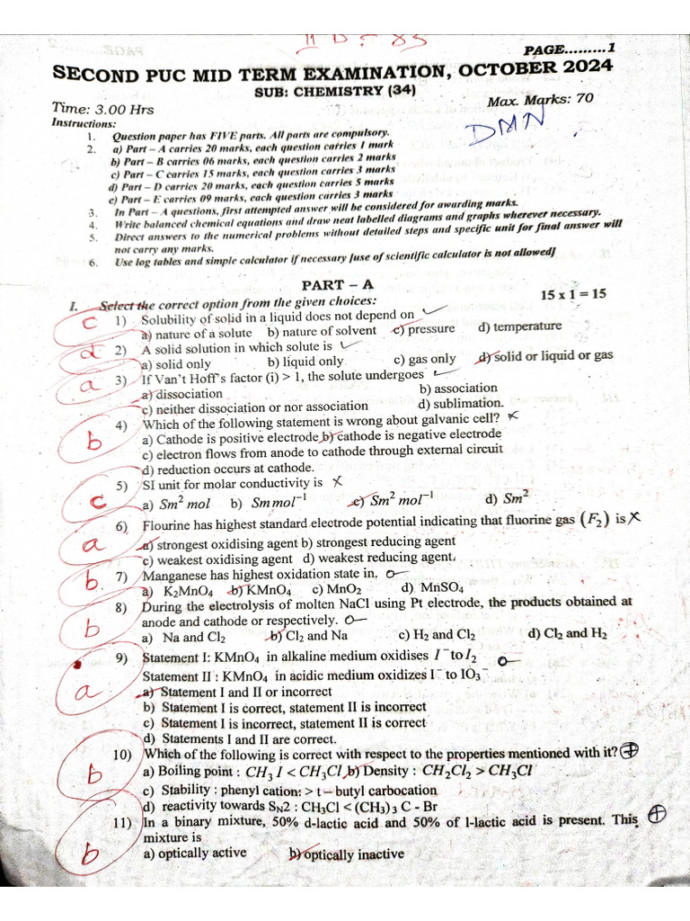 II PU Chemistry Midterm Paper-2024 | PDF