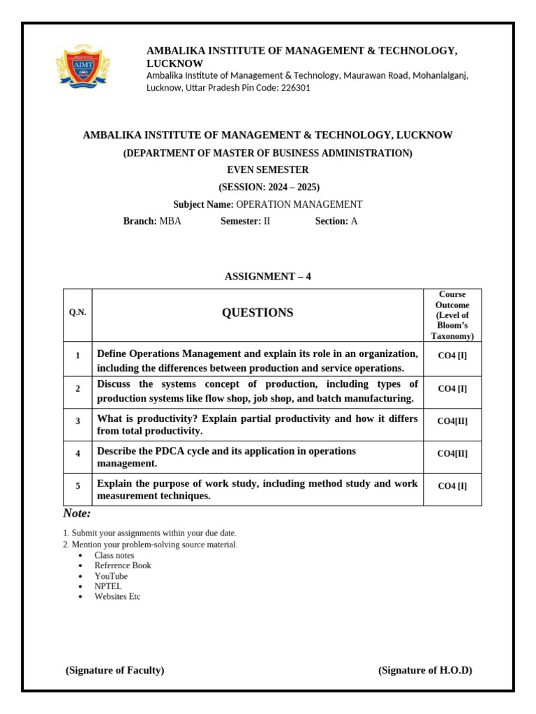 MBA Operations Management Assignment 2024 | PDF