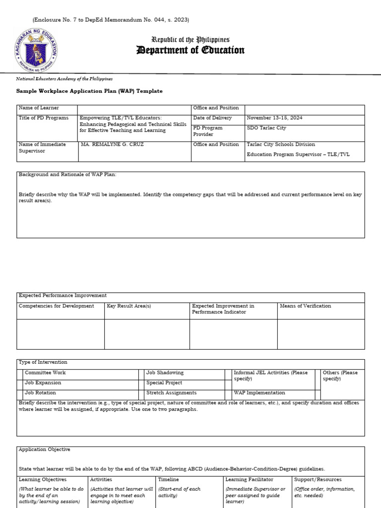Enclosure No. 7 Sample Workplace Application Plan WAP Template | PDF | Learning | Education Theory