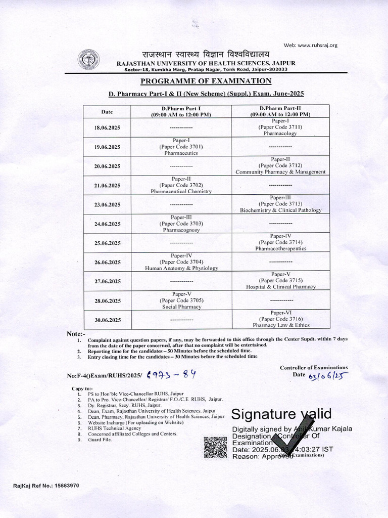 D Pharmacy Part - I & II New Scheme Time Table June 2025 | PDF