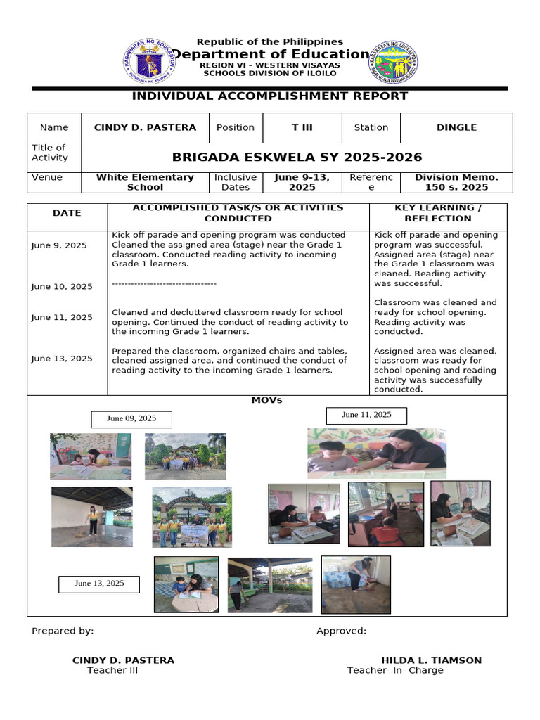 Brigada Eskwela Individual Accomplishment Report | PDF | Classroom | Human Communication