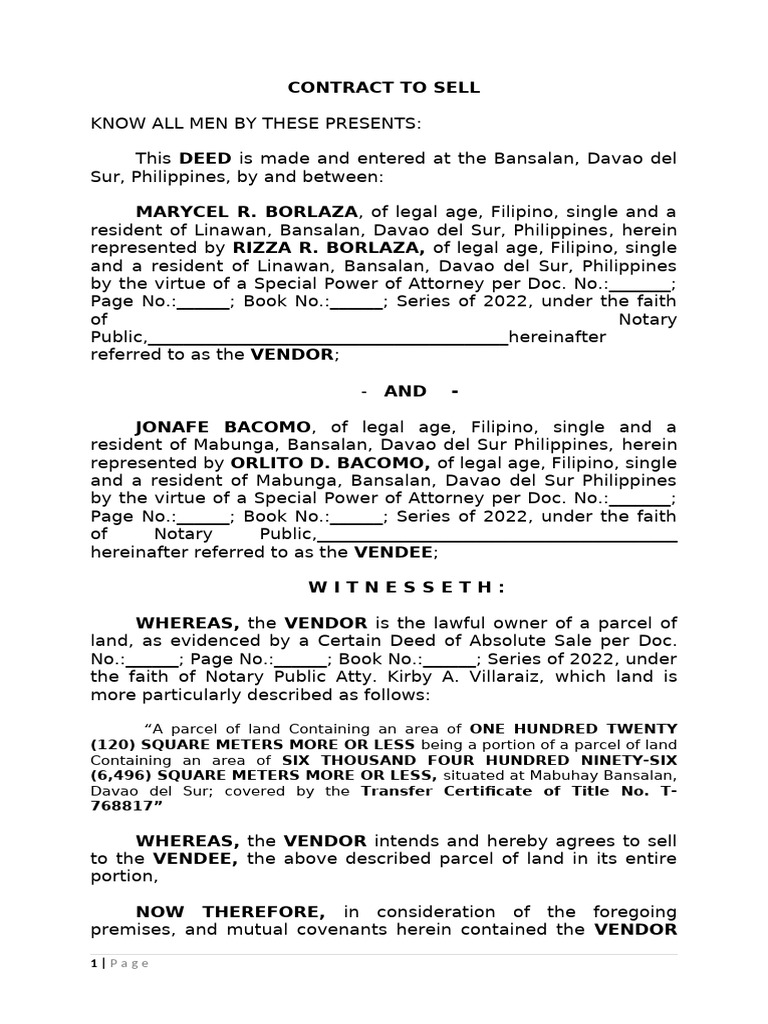 Contract to Sell Land in Davao del Sur | PDF | Civil Law (Common Law ...