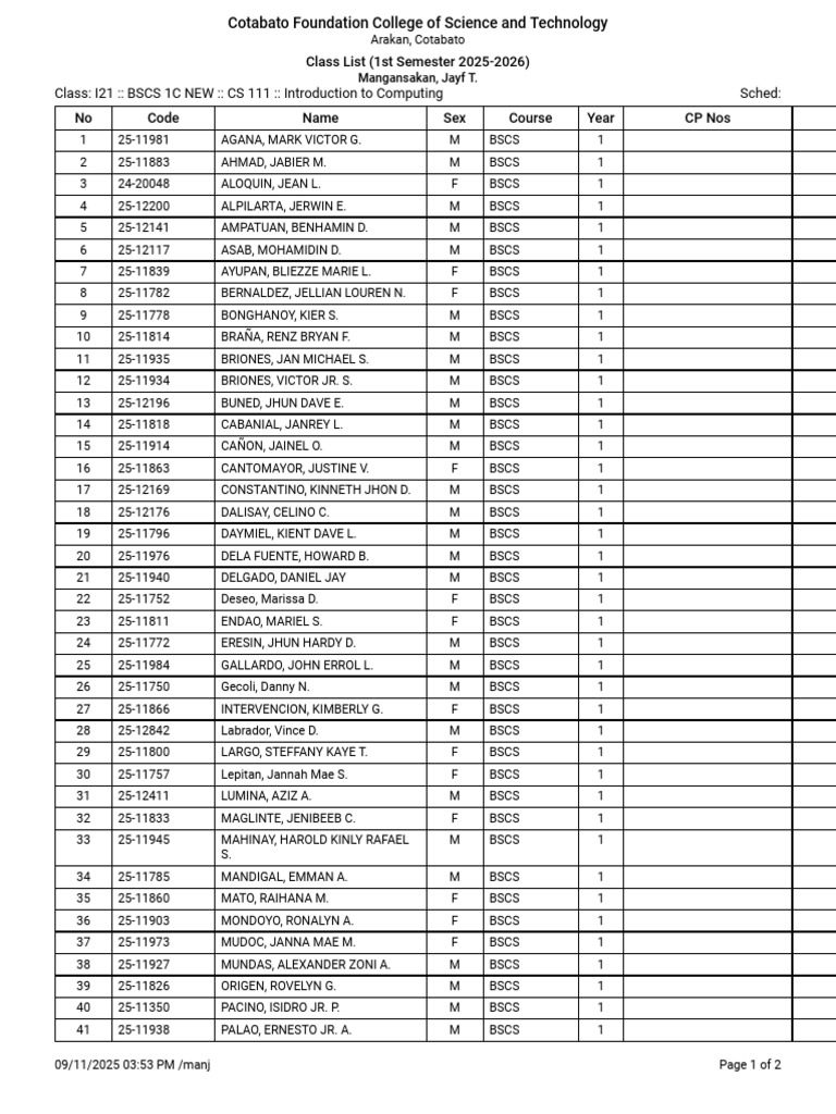 BSCS 1C Class List 2025-2026 | PDF