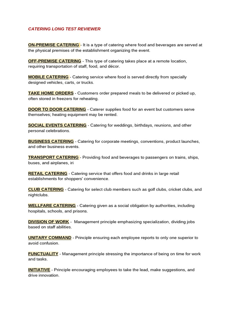 Catering Types and Management Principles | PDF | Goal | Business