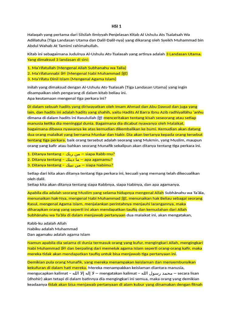 Materi Hsi Kitab Al Ushul Ats Tsalasah | PDF