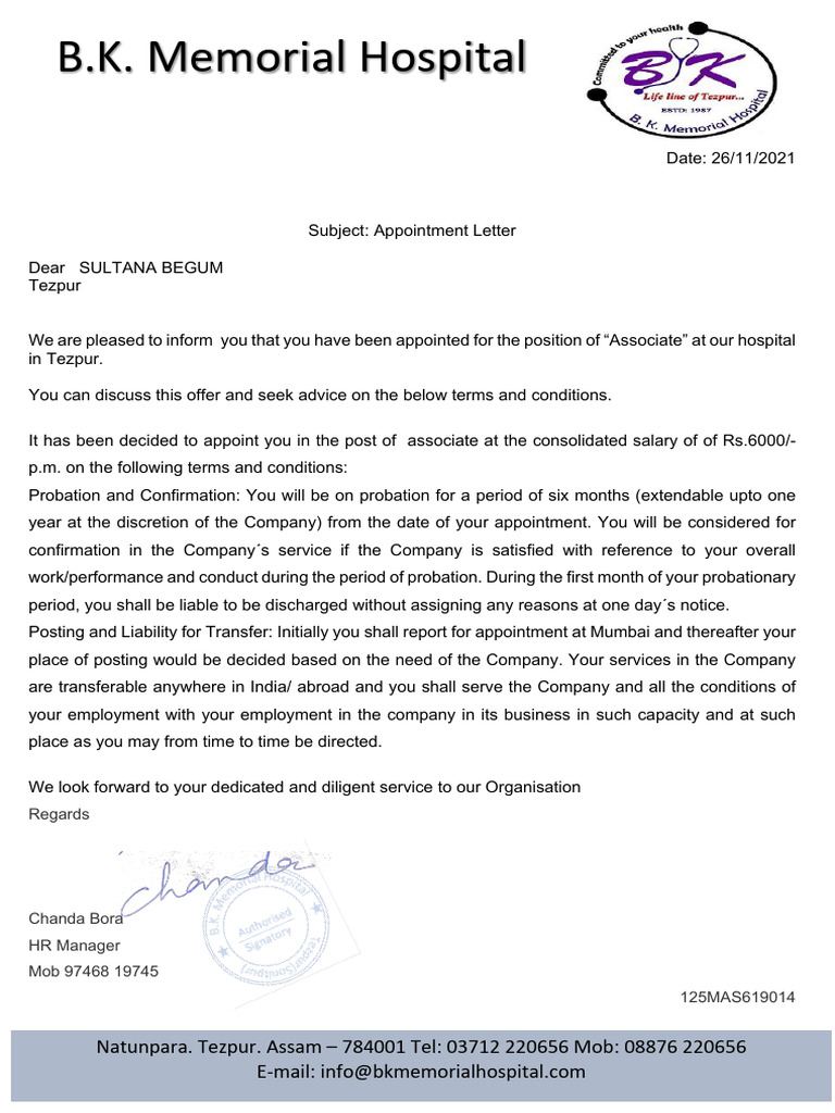 Appointment Letters for Associates at B.K. Memorial Hospital | PDF ...