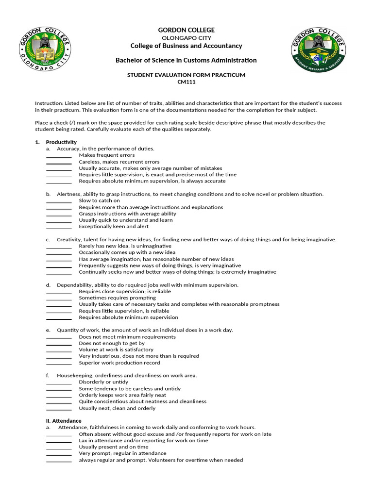 Student Evaluation Form for Practicum | PDF | Social Psychology | Cognition