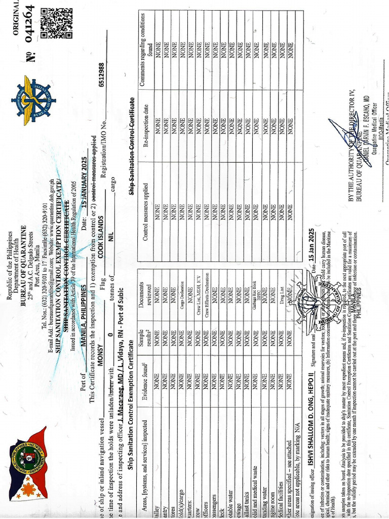 Ship Sanitation Control Exemption Certificate 15 JAN 25 | PDF