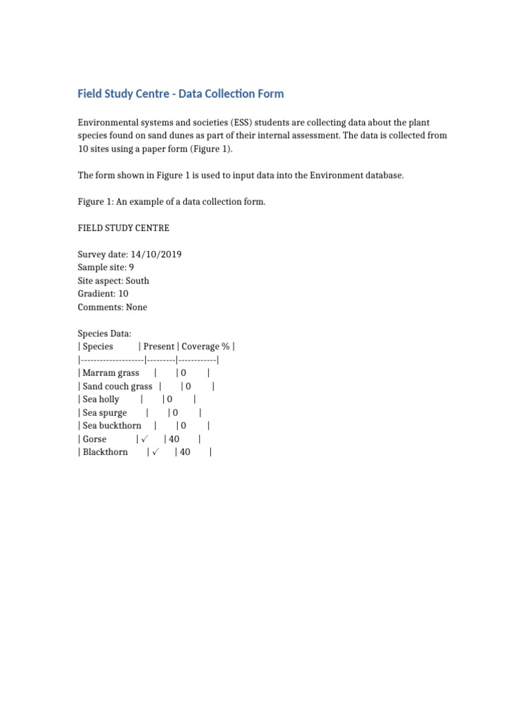 Sand Dune Plant Species Data Form | PDF
