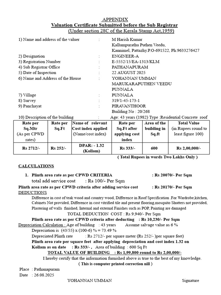 Kerala Valuation Certificate Details | PDF