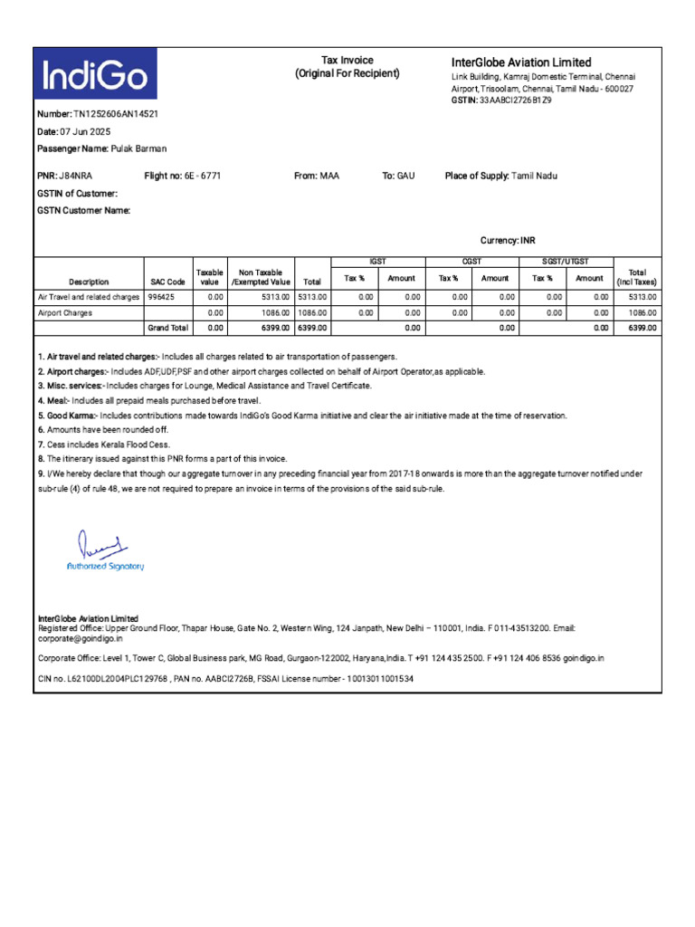 GST Invoice Indigo Ticket | PDF | Taxation | Payments