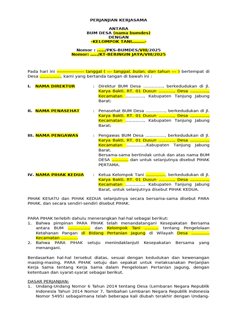 Perjanjian Kerjasama BUMDes dan Tani | PDF
