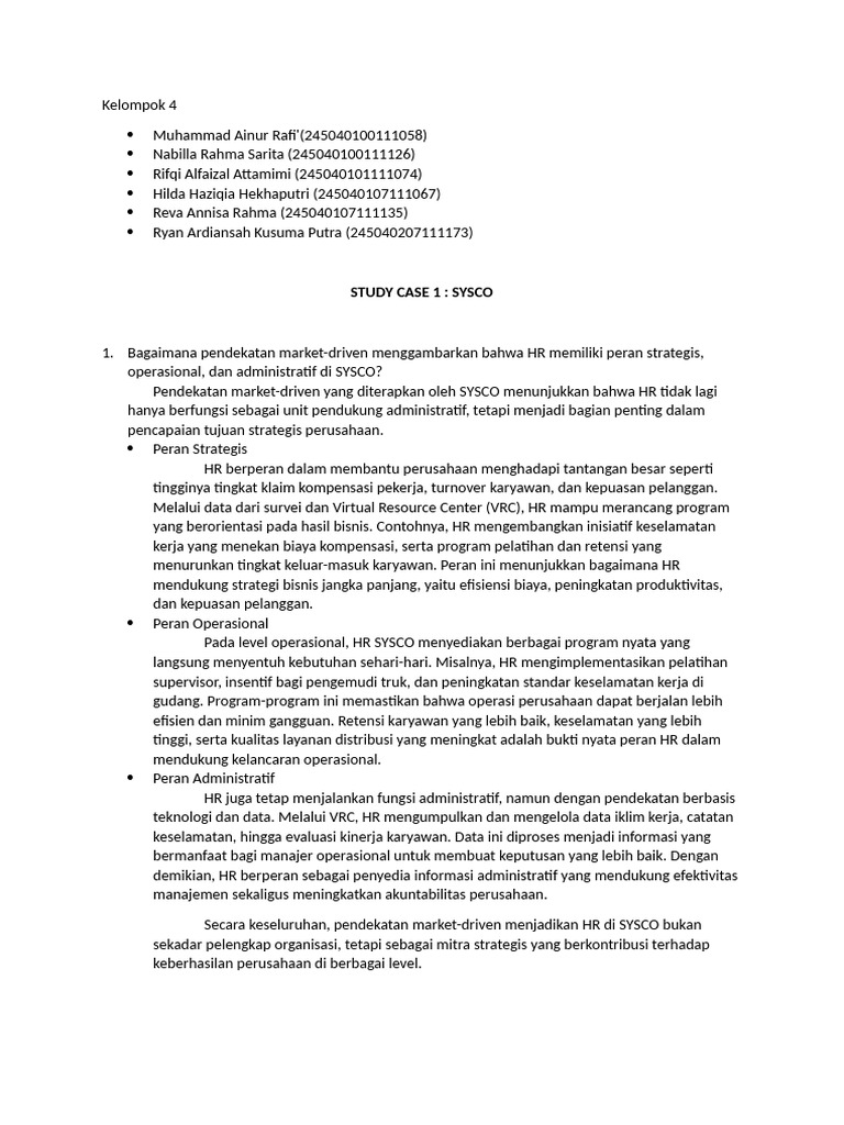 Kelompok 4 - Study Case 1 Sysco | PDF