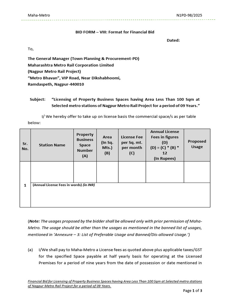 Bid Form - VIII Financial Bid | PDF | Payments