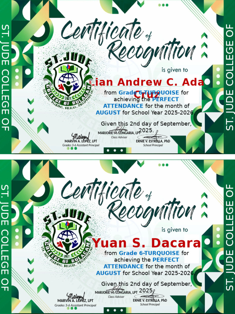 Grade 6-Turquoise Perfect Attendance August 2025 | PDF