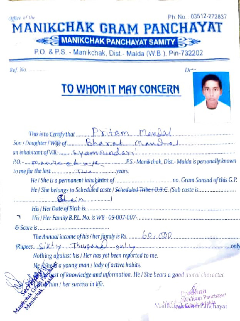 Pritam Mandal SC Certificate | PDF
