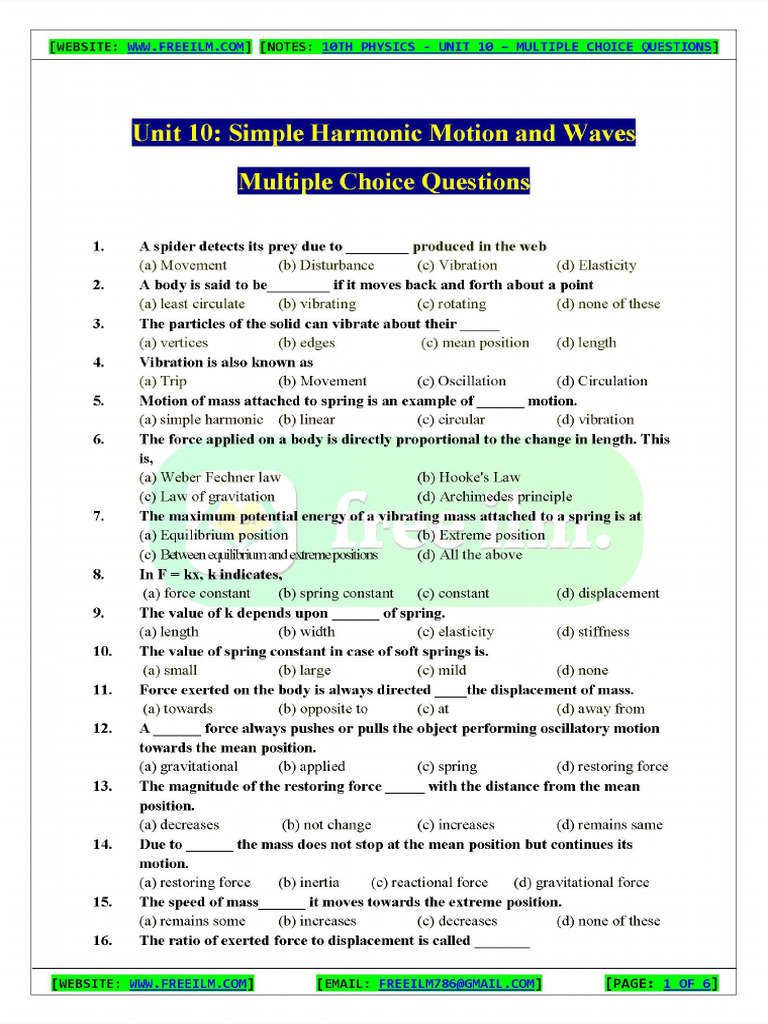 10th Physics Chapter Wise MCQs | PDF