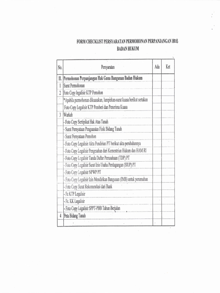 Form Checklist Persyarat Permohonan Perpanjangan HGB Badan Hukum | PDF