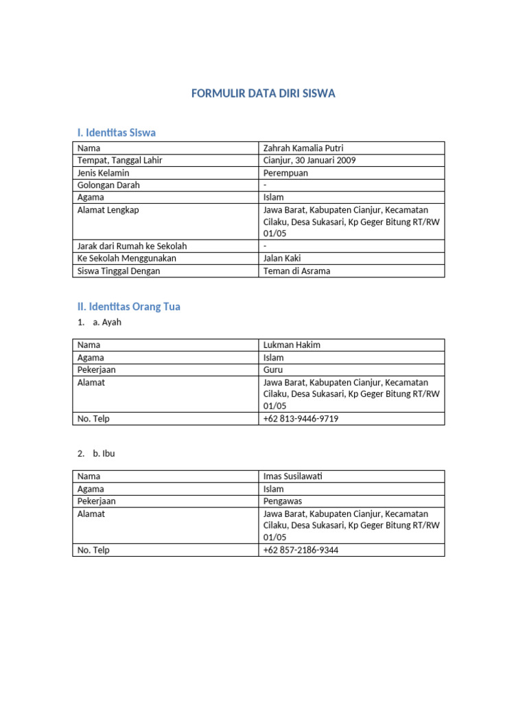 Formulir Data Diri Zahrah Kamalia Putri | PDF