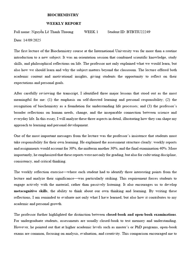 Biochemistry Report Week 1 | PDF | Metabolism | Enzyme