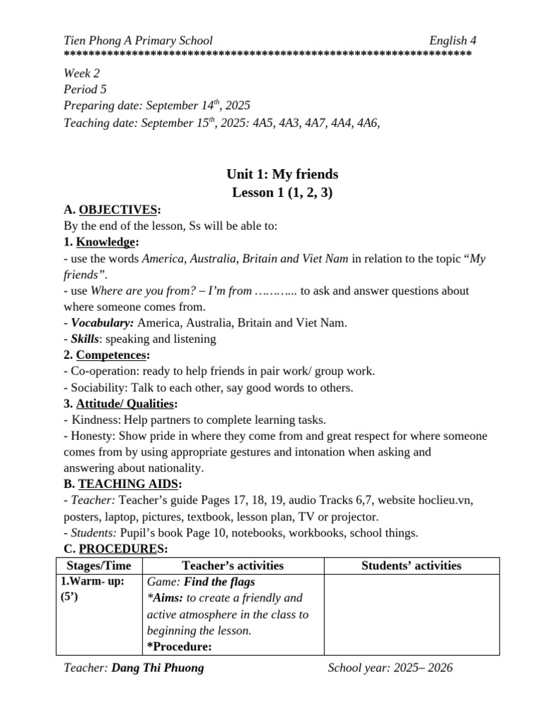 English Lesson Plan: My Friends Unit | PDF | Lesson Plan | Teachers