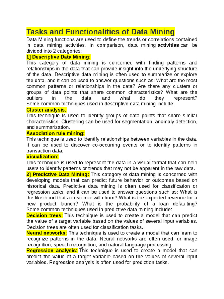 Tasks and Functionalities of Data Mining | PDF | Data Mining | Data