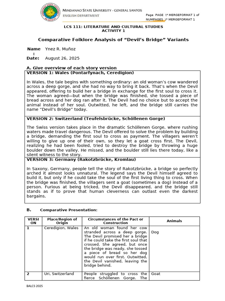 TEMPLATE. ACTIVITY 1. Comparative Folklore Analysis | PDF | Satan ...