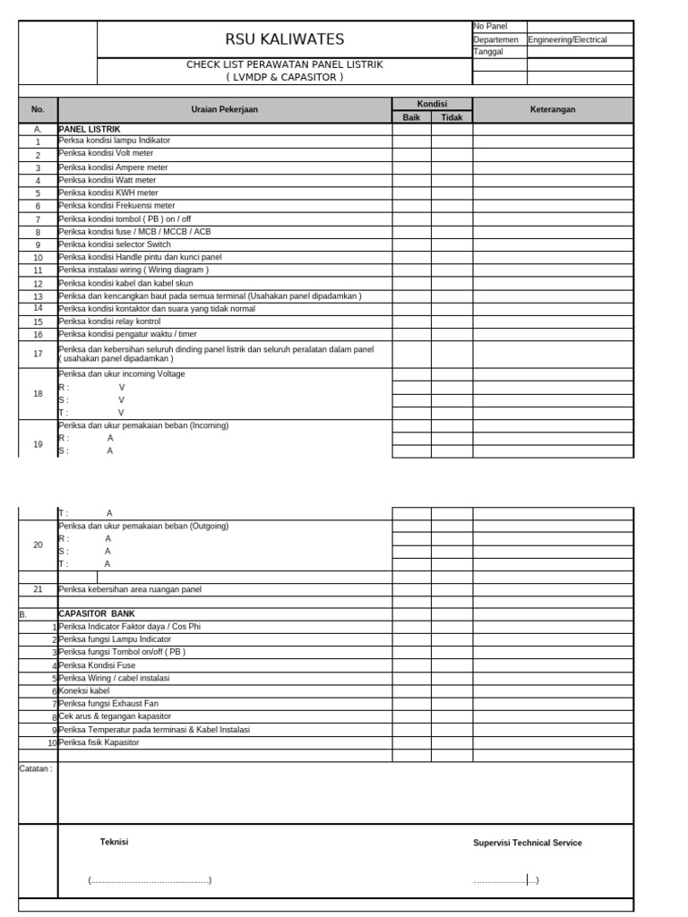 Checklist Perawatan Panel Listrik RSU | PDF