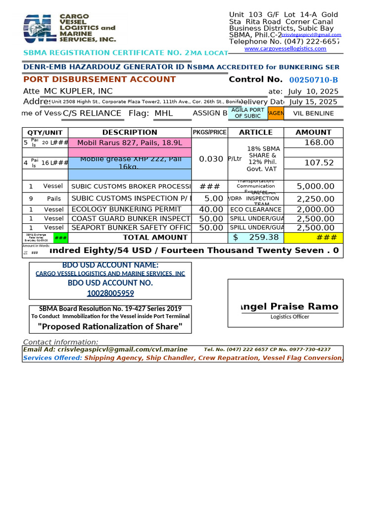 Subic Bay Vessel Services Invoice | PDF | Freight Transport | Ships
