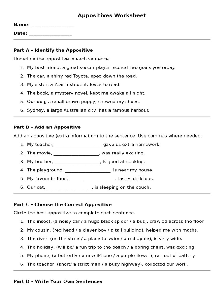 Appositives Part 2 Worksheet | PDF