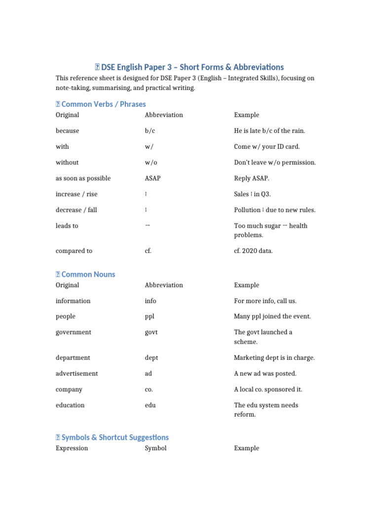 DSE English Paper 3 Abbreviations Guide | PDF | Languages | Foreign ...