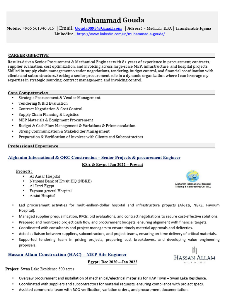 Muhammad Gouda - Senior Mechanical Engineer | PDF | Procurement ...