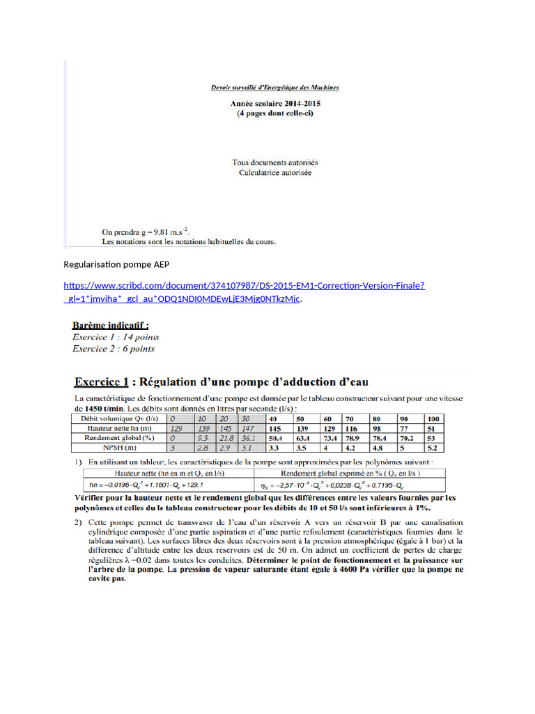 Exercice Corrigé Regularisation Pompe AEP | PDF