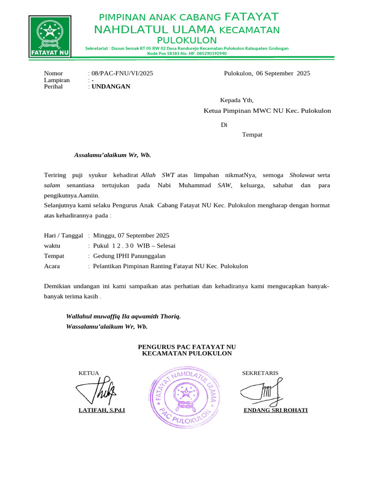Undangan Fatayat Nu Utk MWC | PDF