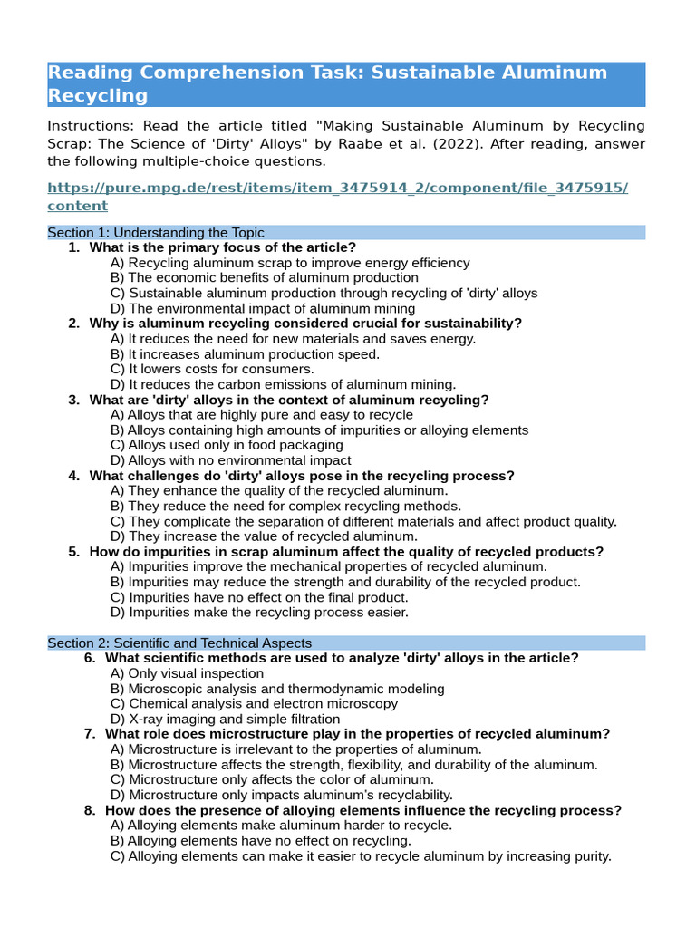 Reading Comprehension Task | PDF | Recycling | Scrap