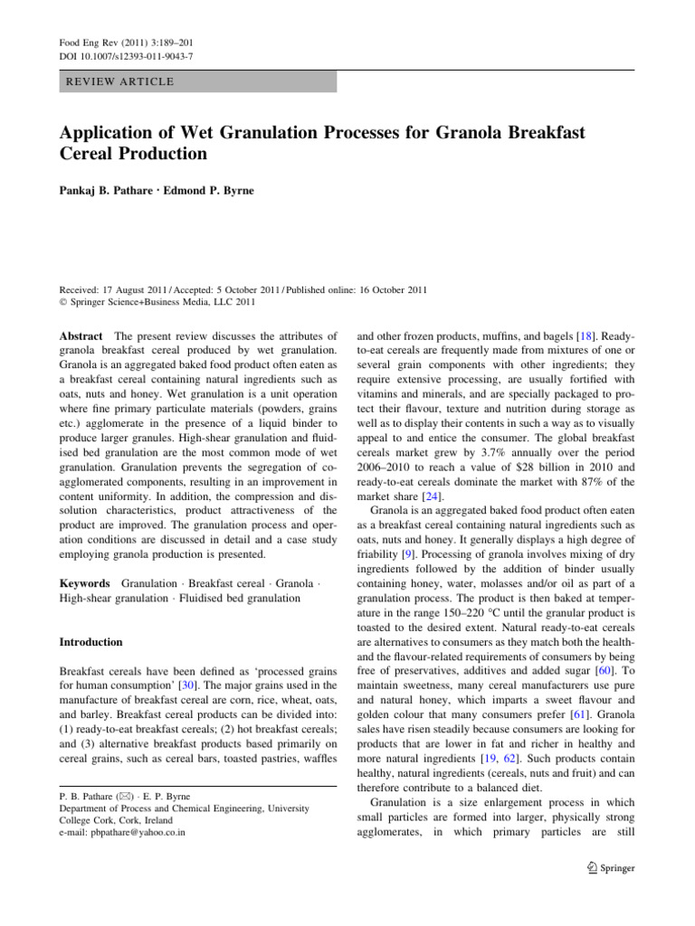 Wet Granulation in Granola Production | PDF | Cereals | Wetting