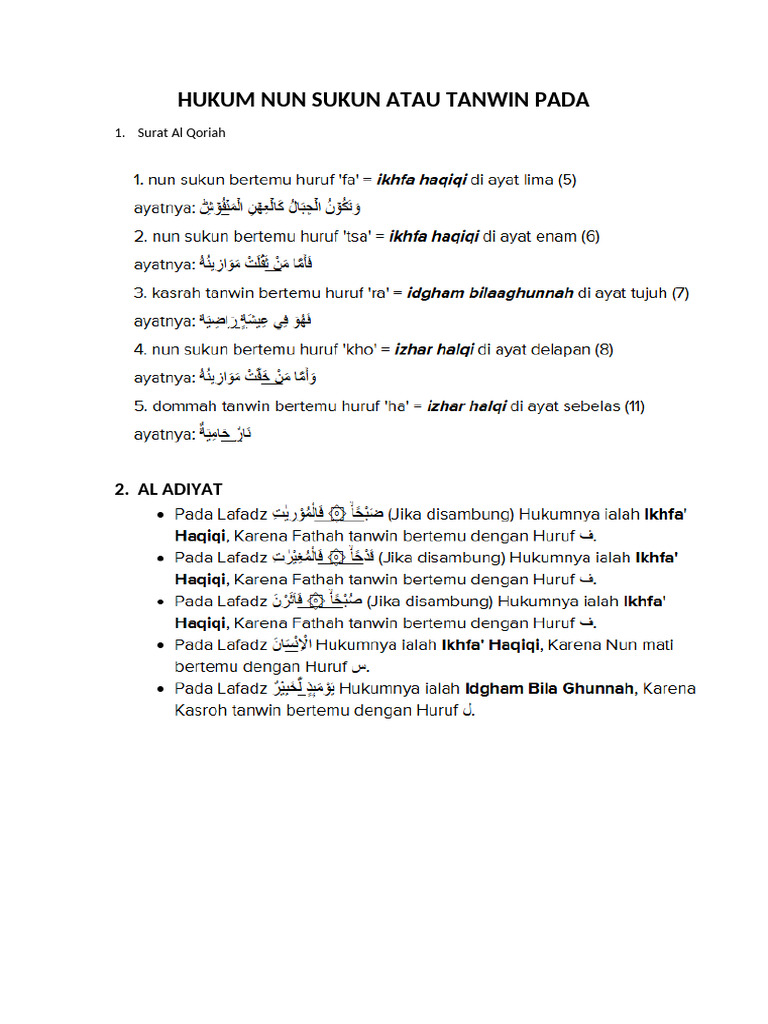 Hukum Nun Sukun Atau Tanwin Pada | PDF