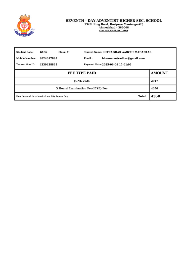 Online Fee Receipt for Class X Student | PDF