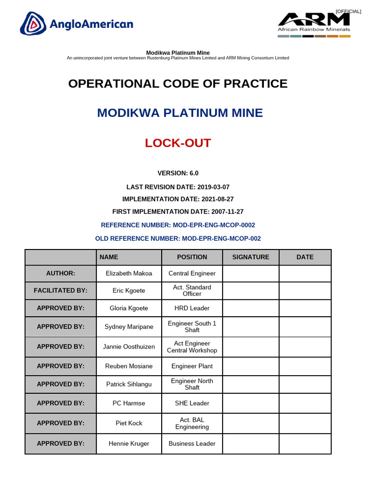 Modikwa Platinum Mine Lock-Out Procedures | PDF | Mining | Lockout ...