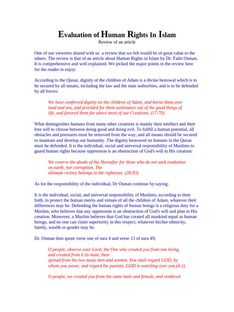 Human Rights in Islam by Fathi Osman | PDF | Prophets And Messengers In ...