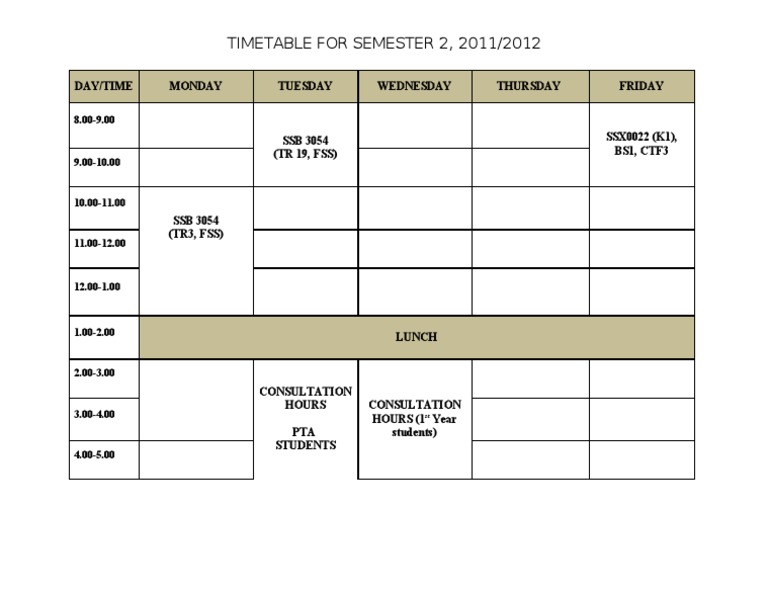 Semester 2 Timetable 2011/2012 | PDF