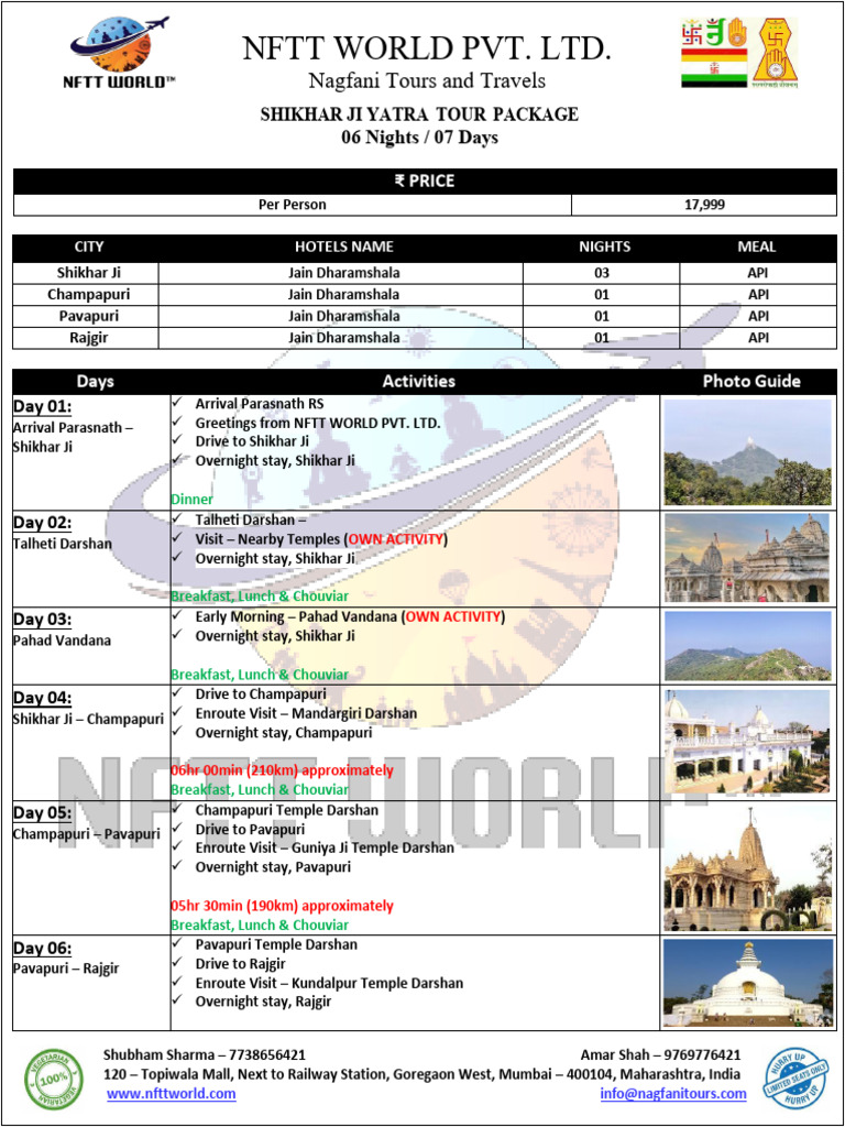 Shikhar Ji Yatra Tour Package 06n-07d | PDF | Transaction Account | Meal