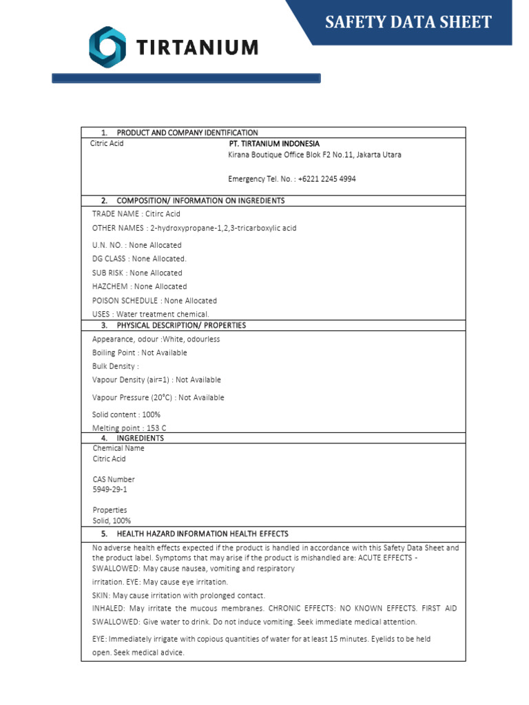 Citric Acid Safety Data Sheet | PDF | Personal Protective Equipment ...