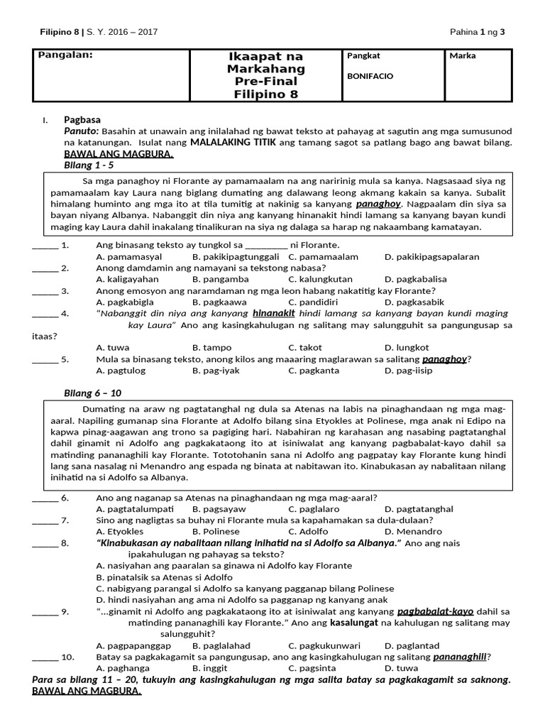 4th Pre-Final Grade 8 Filipino | PDF