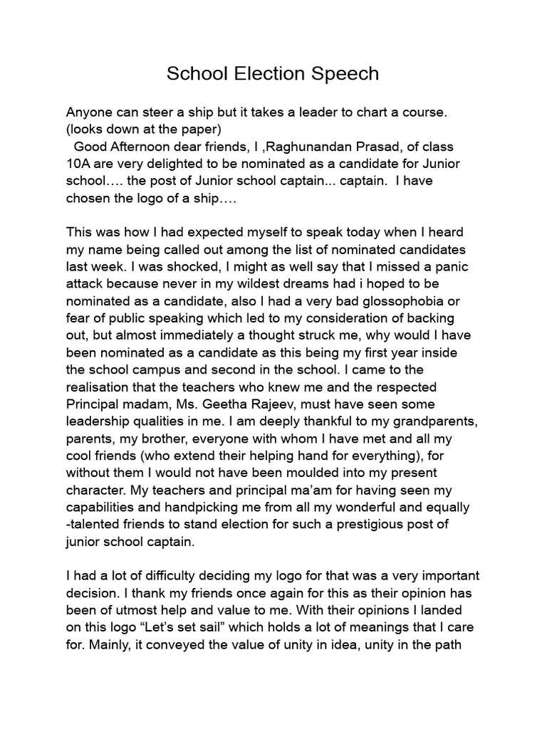 Junior School Captain Election Speech | PDF