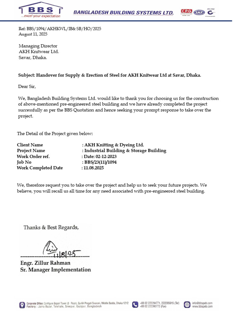 Handover of Steel Project for AKH Knitwear | PDF