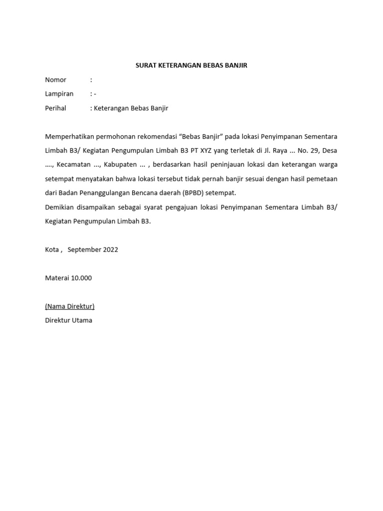Surat Keterangan Bebas Banjir PT XYZ | PDF