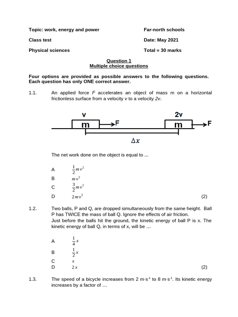 WORK Energy and Power Test | PDF | Force | Kinetic Energy