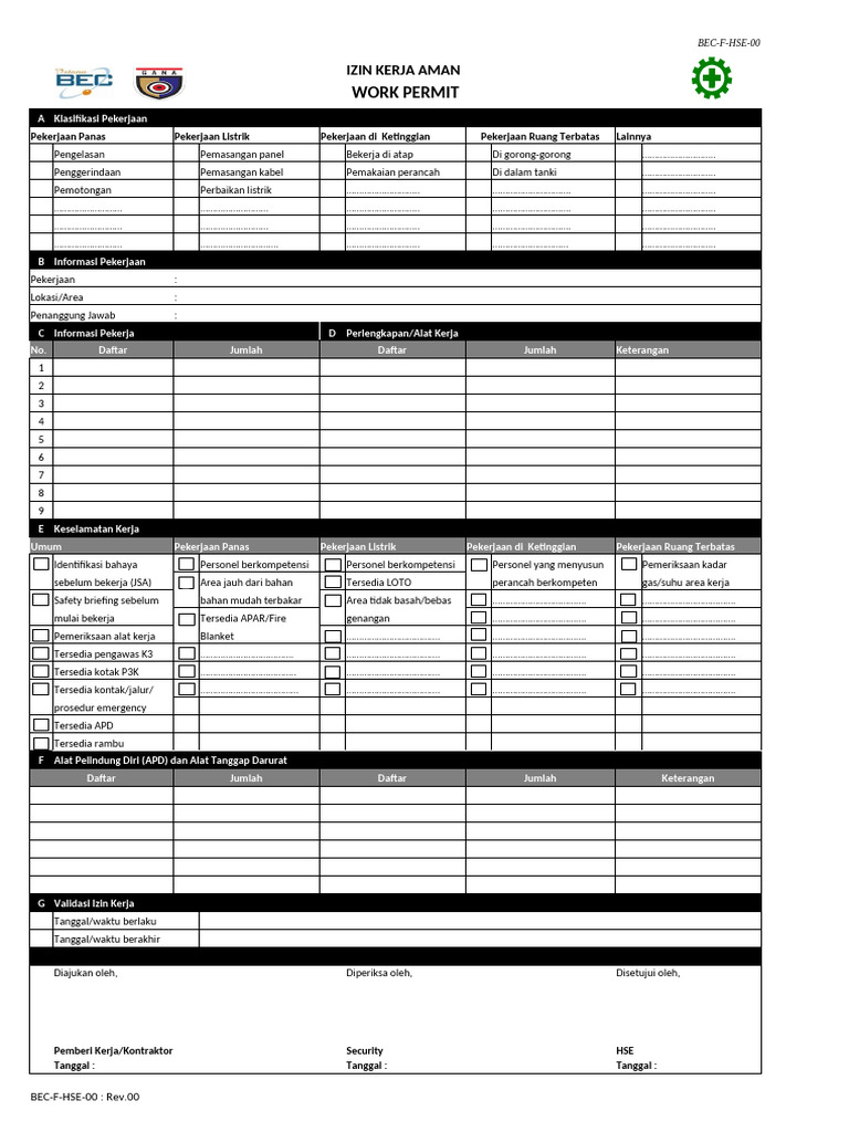 HSE BEC - Form Work Permit | PDF
