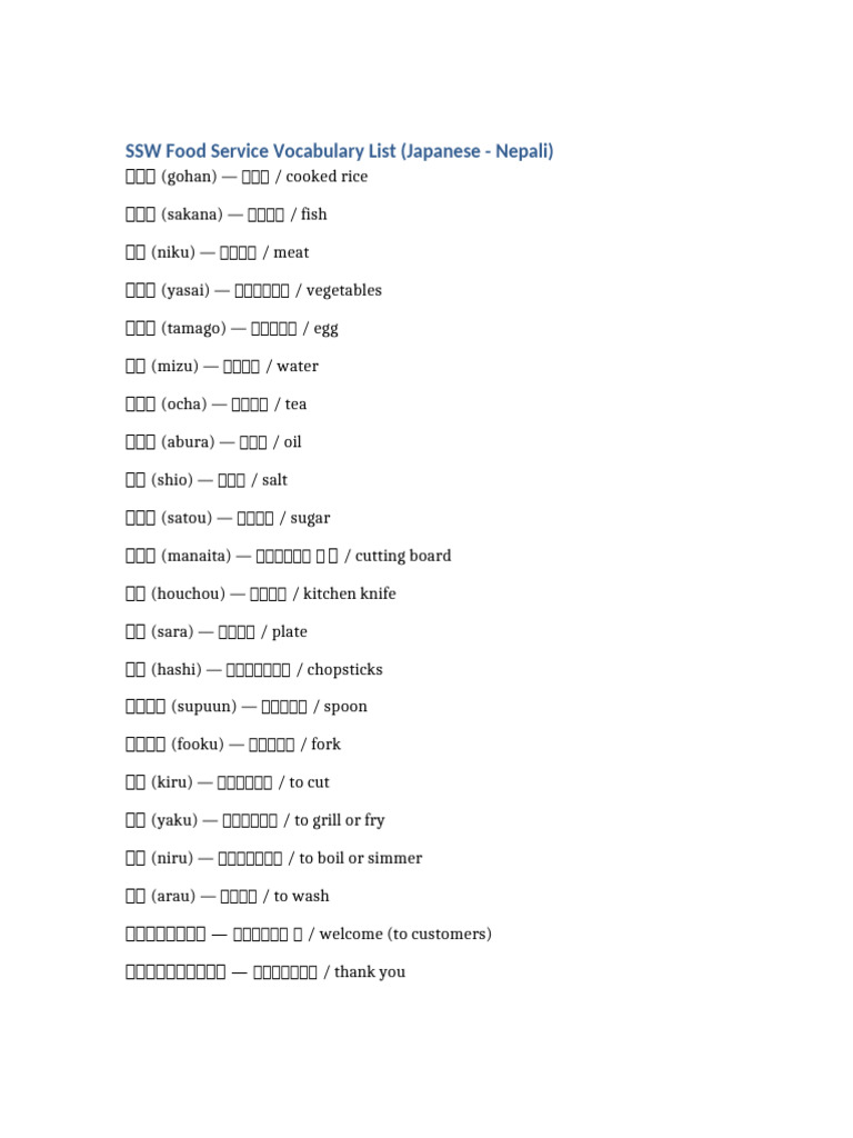 SSW Food Service Vocabulary List | PDF